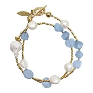 FARRA Irregular Aquamarine With Baroque Pearls Double Layers Bracelet - Blue