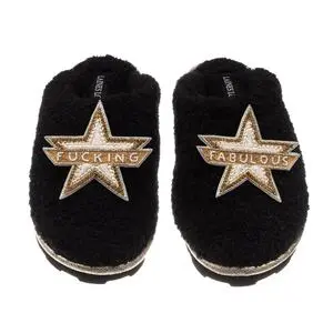 LAINES LONDON Teddy Closed Toe Slippers With "fucking Fabulous" Brooches - Black