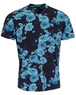 LORDS OF HARLECH Maze Serious Floral V-neck Tee Navy - Blue