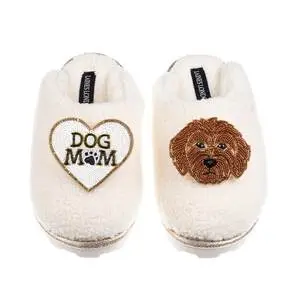 LAINES LONDON Teddy Towelling Slippers With Dog Mum And Cockapoo Brooches - White