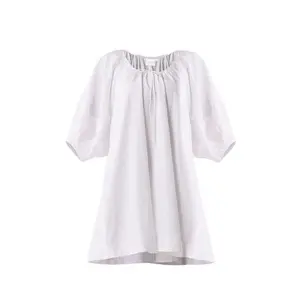 REISTOR Puff Sleeved Dress With Drawstring Neckline - White