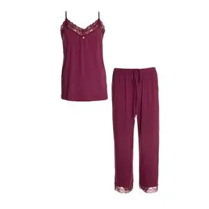 PRETTY YOU Bamboo Lace Cami Cropped Trouser Pj Set In Bordeaux - Red