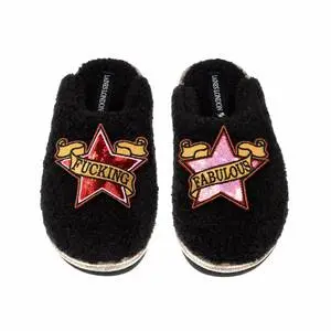 LAINES LONDON Teddy Closed Toe Slippers With Embellished Star Brooches - Black/gold