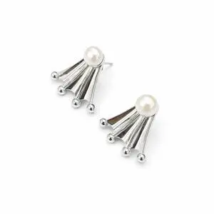 PEARL CODE Paw Crown Pearl Stud Earrings, Architectural Silver Design - White
