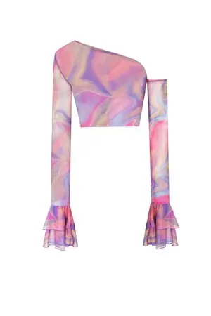 NO'DESIGN Sheer Crop Top With Ruffled Sleeves - Purple