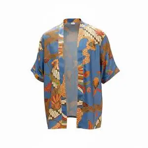 ORIGIN OF HEARTS Simba Floral Festival Satin Kimono Shirt - Blue