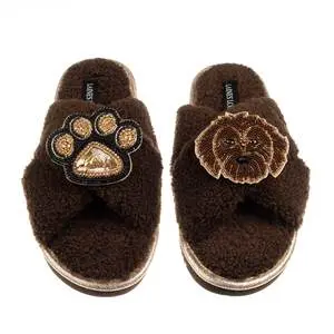 LAINES LONDON Neutrals Boucle Slippers With Paw & Chocolate Cockapoo Brooches Chocolate - Brown