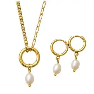 MY LITTLE NATURE Gold / White Gold Plated Pearl Necklace And Earrings Set – Handmade Freshwater Pearl Jewelry Set For Her - Gold/white
