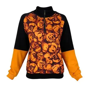 LALIPOP DESIGN Floral Print Color Block Half-zip Sweatshirt - Black/orange