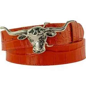 PEACHY BELTS LTD Orange / Silver Silver Steers Head Buckle On Orange Croc Print Belt - Orange/silver