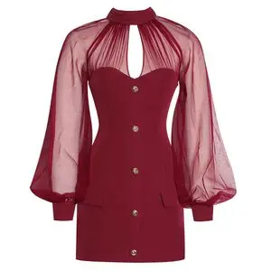 MISS CIRCLE NEW YORK Tabitha Burgundy Mesh Lantern Sleeve Mini Dress - Red