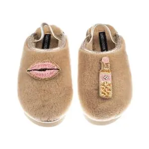 LAINES LONDON Flatform Cloud Slippers With Lip And Lipstick Brooches - Brown/gold