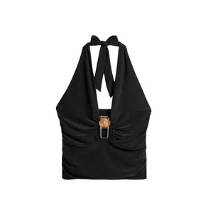 NOCTURNE Deep V Halter Detail Blouse - Black