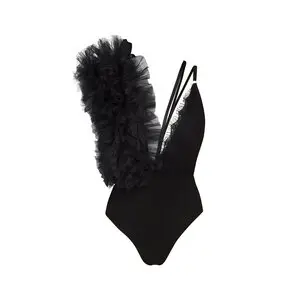 LIA ARAM Lace Asymmetric Ruffled Bodysuit - Black
