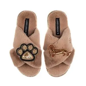 LAINES LONDON Embellished Paw And Dachshund Slippers - Brown