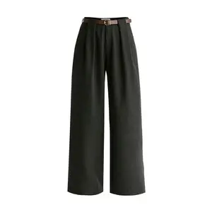 PAISIE Belted Wide Leg Trousers With Box Pleats In Charcoal - Grey
