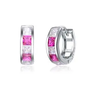GENEVIVE Sterling Silver White Gold Plated Hoop Earrings - Silver/red