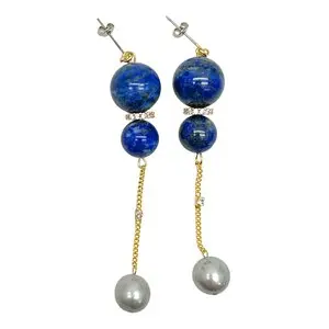 FARRA Stylish Lapis And Gray Freshwater Pearls Dangle Earrings - Blue