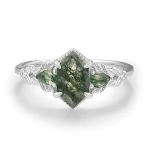 AZURA JEWELRY NEW YORK Gardenia Moss Agate Ring Solid White Gold - Silver