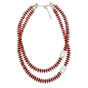 FARRA Sophisticated Bamboo Coral With Baroque Pearls Double Necklace - Red