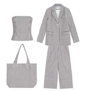 LONDON ATELIER BYPRODUCT White Striped Blazer Trousers Corset And Tote Bag Co Ordinates Set - Black