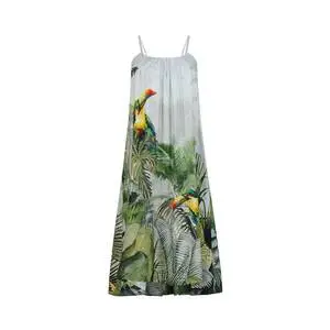 DHARA SHETH, DUBAI Wild Wings Bird In The Jungle Spaghetti Strap Midi Dress Green & Multicolor - Grey/green