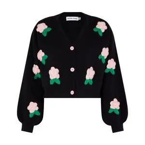 SOUR FIGS Floral Applique Knit Cardigan - Black