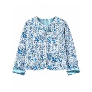 YUMI Boho Floral Print Cropped Reversible Cotton Quilted Jacket - Blue