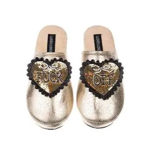 LAINES LONDON Softie Slippers With Embroidered Heart Brooches - Gold
