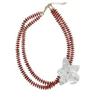 FARRA Elegant Bamboo Coral With Flower Shell Double Layers Necklace - Red