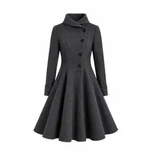 NIKKA PLACE Wool Winter Princess Coat With Buttons In Dark Gray Color - Grey