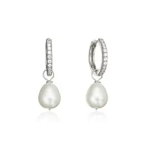 LILY & ROO Diamond Style Large Pearl Drop Hoop Earrings - Silver