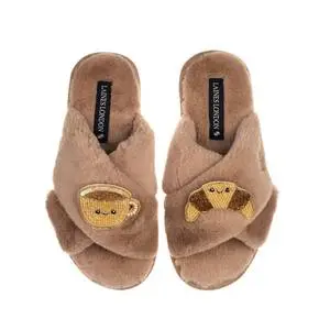 LAINES LONDON Classic Slippers With Coffee & Croissant Brooches - Brown
