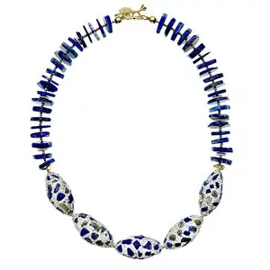 FARRA Lapis With Rhinestones Bordered Lapis Stones Short Necklace - Blue/yellow