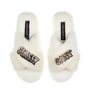 LAINES LONDON Neutrals / Classic Laines Slippers With Classy Cunt Brooches Cream - White