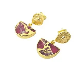 HARFI Hammered Gold Plated Earrings With Ruby - Red/gold