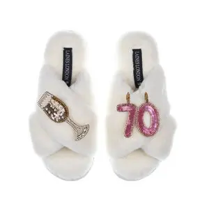 LAINES LONDON Laines London Faux Fur Slippers With Embellished Brooches White
