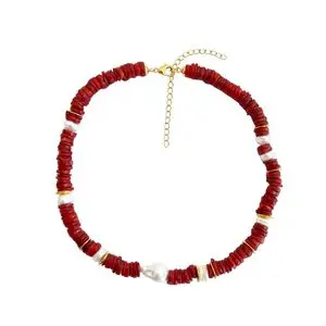 LINYA JEWELLERY Gold / Red Baroque Pearl Cylinder Red Coral Natural Stone Necklace - Gold/red
