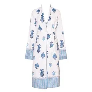 NOLOGO-CHIC Blue / White Botanical Shawl Robe Cotton Cambric White - Blue/white
