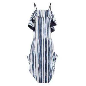 SMART AND JOY Stripe Print Cold Shoulder Dress - Blue