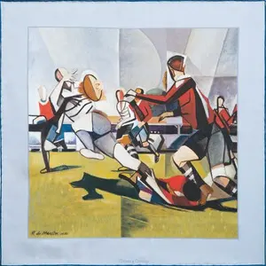 OTWAY & ORFORD Blue / Green 'the Rugby Football Match' Silk Pocket Square. Full-size - Blue/green