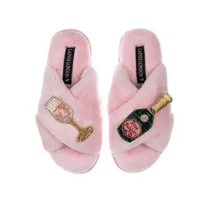 LAINES LONDON Faux Fur Cross Strap Slippers With Champagne Brooches - Pink