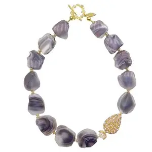 FARRA Irregular Gray Agate With Pearl Rhinestone Necklace - Grey