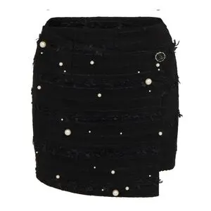 SOUR FIGS Faux Pearl-embellished Asymmetric Wrap Skort - Black