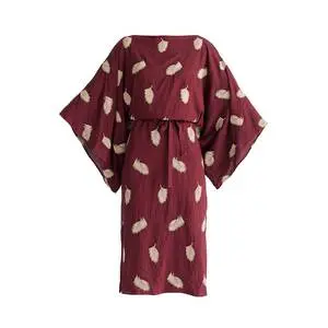 PAISIE Burgundy Leaf Embroidered Kimono Midi Dress - Red/gold