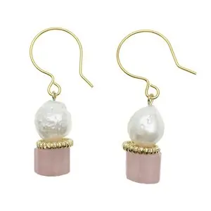FARRA Freshwater Pearl With Rose Quartz Hoop Earrings - Pink