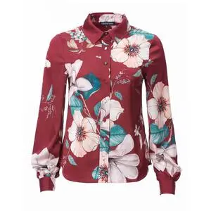 CARLOSLINES Romantic Floral Print Puff Sleeve Button Down Shirt - Red