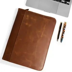 HIDES LEATHER CO. Handmade Leather Docut Holder, Zip Organizer Padfolio - Brown