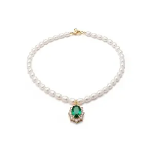 ANGEL BAROCCO Seeds Pearl Choker Necklace With Crystal Pendant - Green