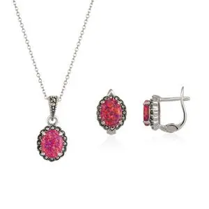 SPERO LONDON Red / Silver Oval Red Opal High Quality Sterling Silver Set - Red/silver